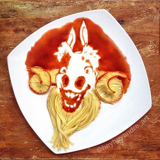 Arte com macarrão e molho, por André Manguba • Designerd