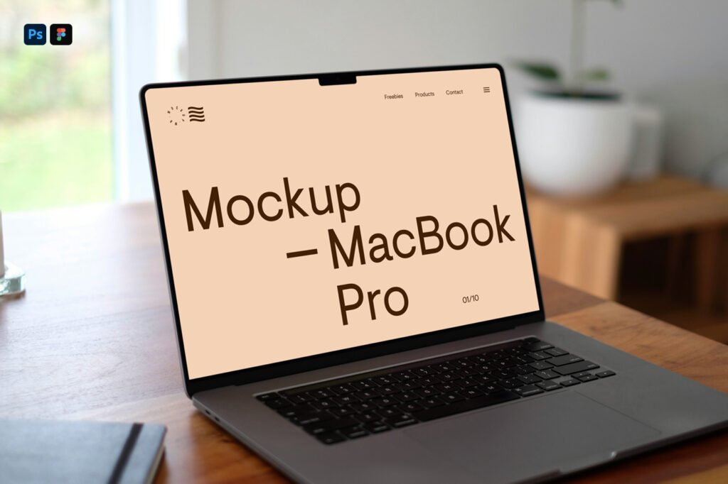 Mockup de MacBook Pro grátis em mesa de madeira • Designerd