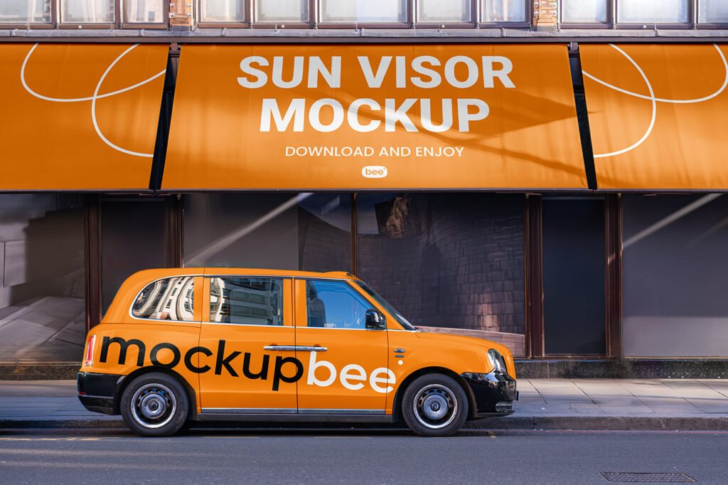 Mockup de fachada de loja com carro estacionado em frente • Designerd